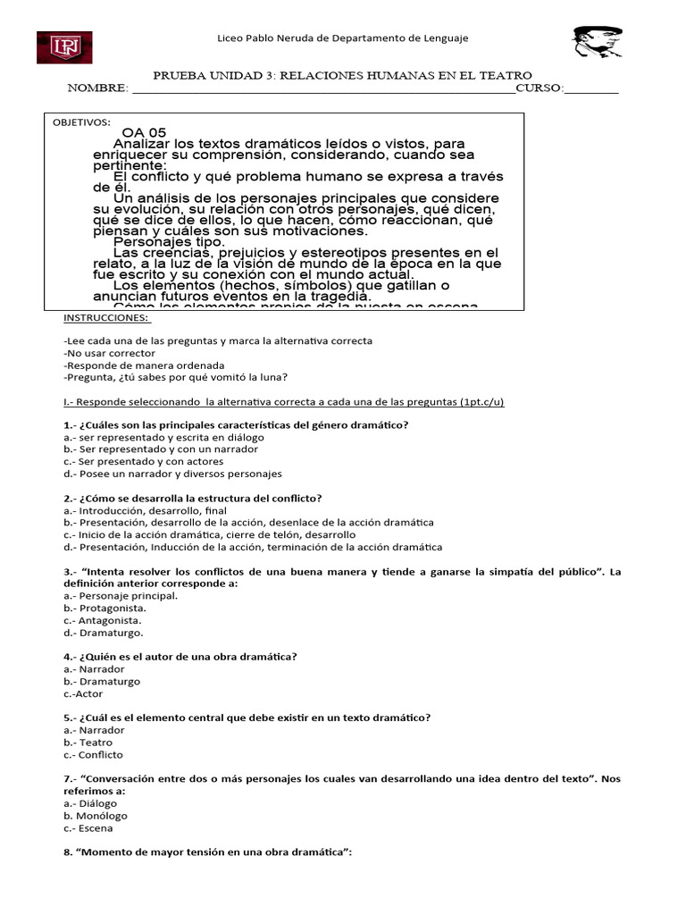 Prueba Género Dramático 2023 Primero Medio | PDF | Teatro | Monólogo