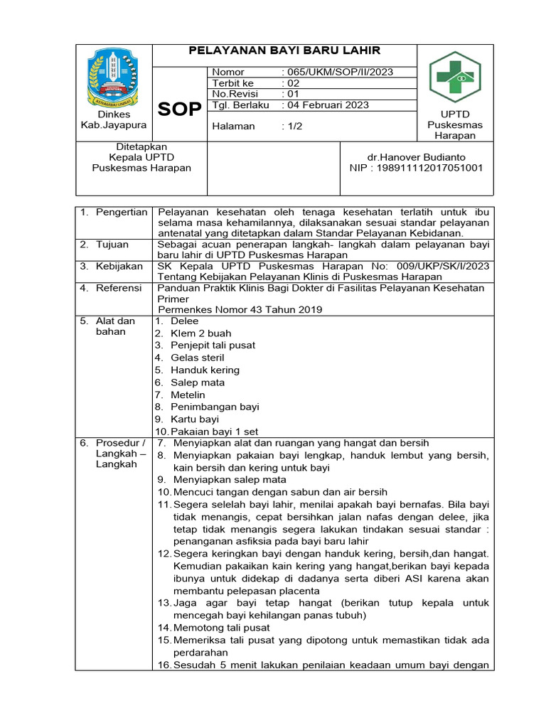 SOP Pelayanan Bayi Baru Lahir Puskesmas | PDF | Sains & Matematika