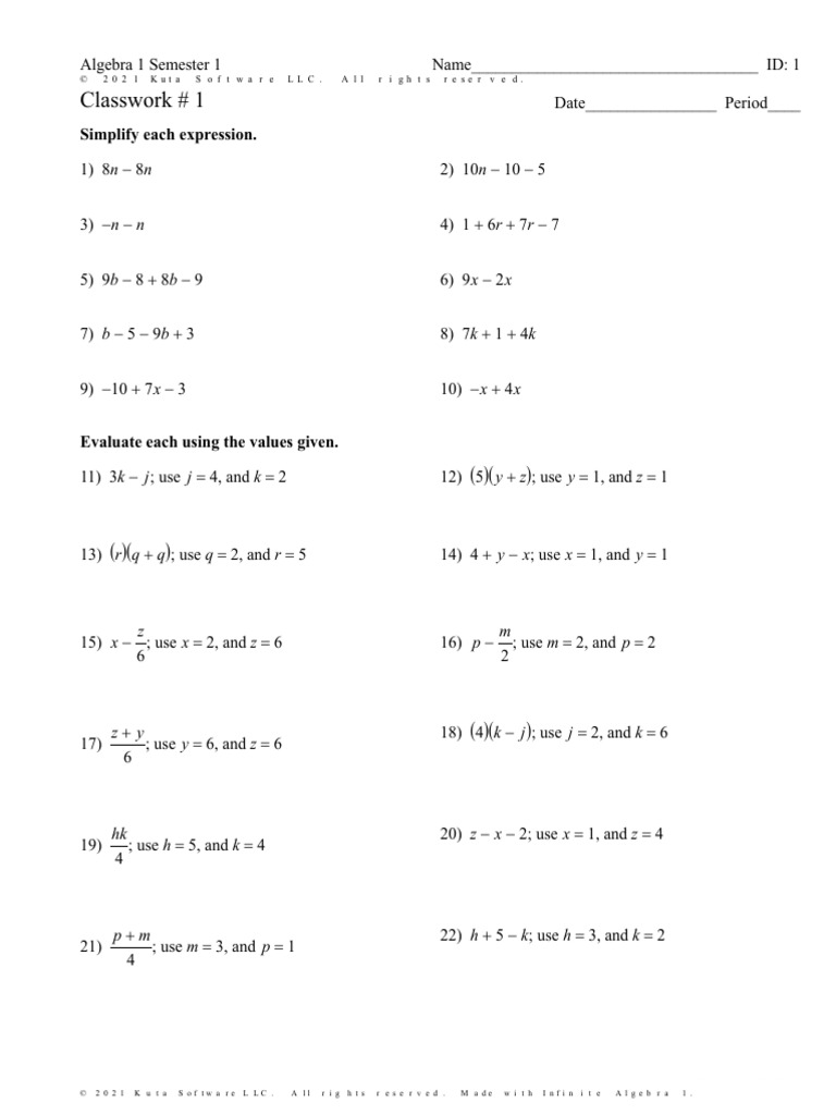 Algebra 1 Semester 1 (March) Classwork - 1 | PDF | Teaching Methods ...