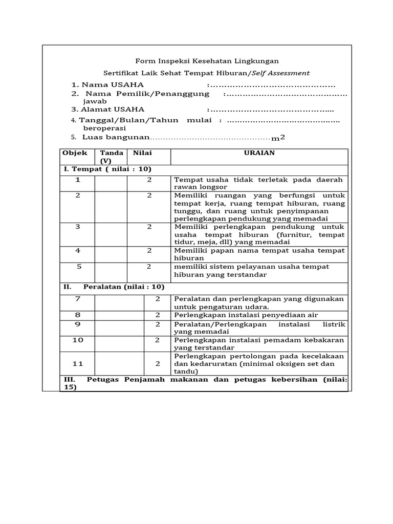 Form Inspeksi Kesehatan Lingkungan Sertifikat Laik Sehat Tempat Hiburan | PDF