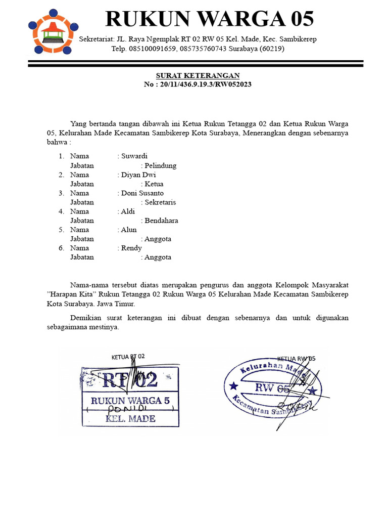 Format Untuk RT RW Pengajuan DISPORA - TTD | PDF | Griya & Taman