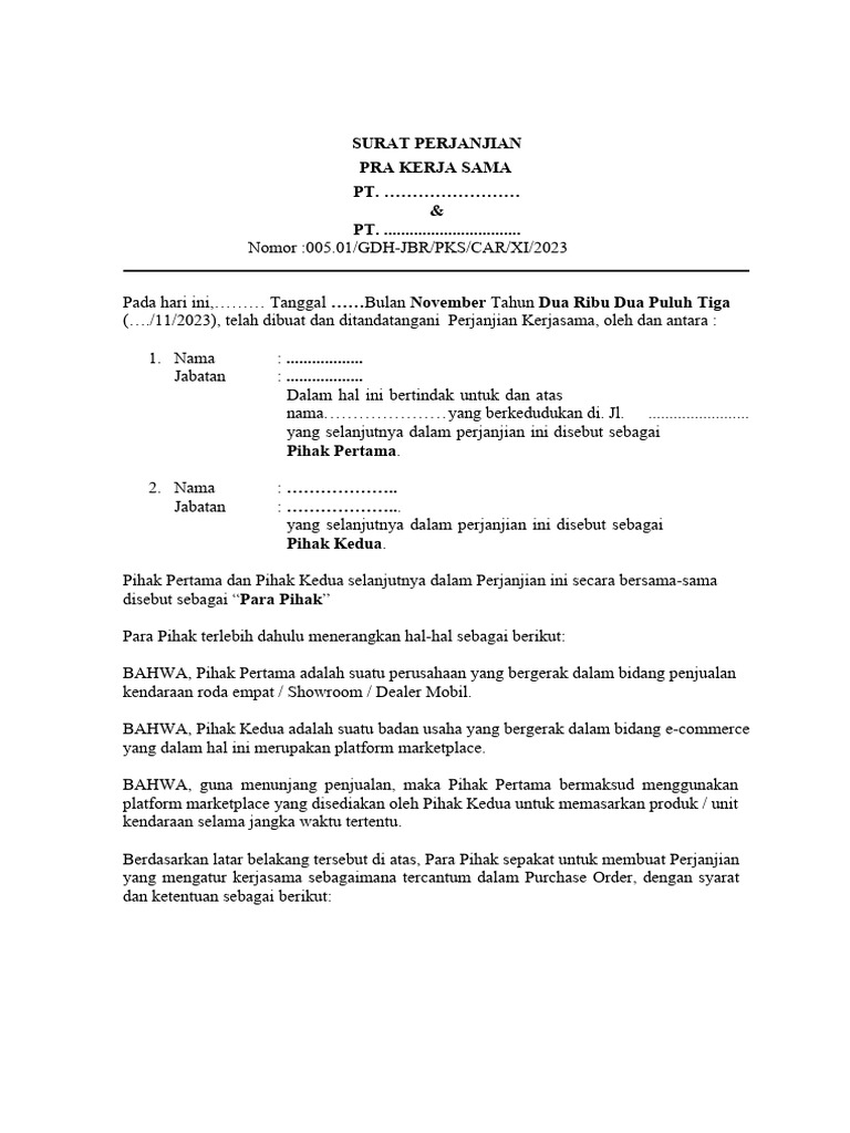 Surat Perjanjian Pra Kerjasama Kemitraan Pdf