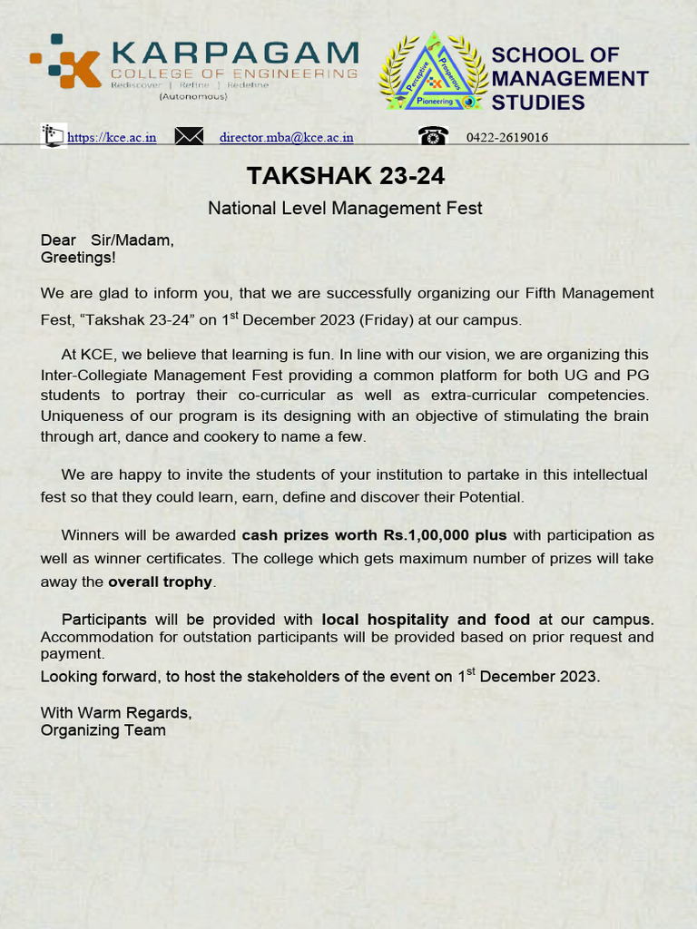 Takshak 23-24 Management Fest Details | PDF