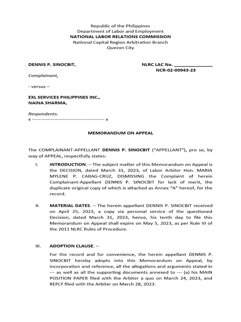 Memorandum On Appeal EXL Dennis Sinocbit 1.0 | PDF | Lawsuit | Employment