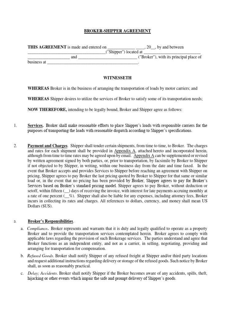 Broker-Shipper Agreement Template | PDF | Cargo | Indemnity