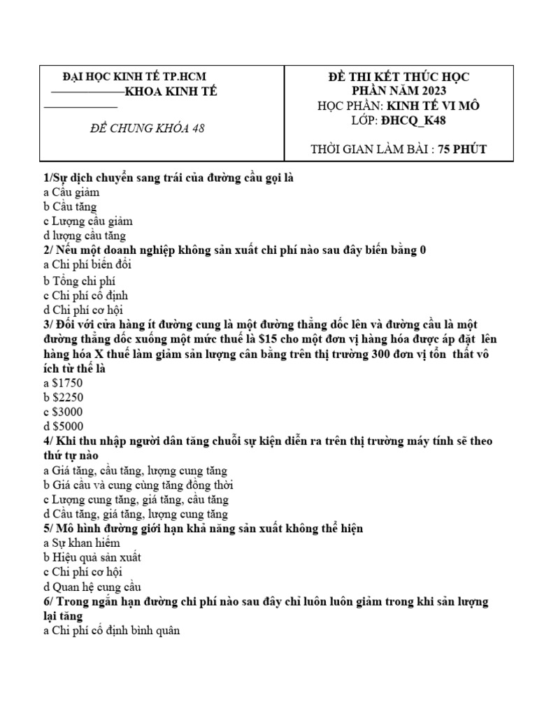 ĐỀ THI K48 KINH TẾ VI MÔ | PDF