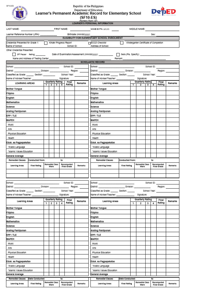 School Form 10 SF10 Learner's Permanent Academic Record for Elementary ...