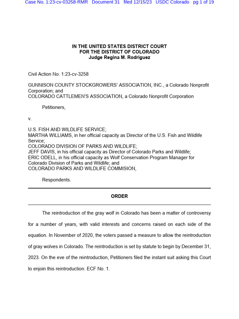 12.15.23 Colorado Gray Wolf Order | PDF | National Environmental Policy ...