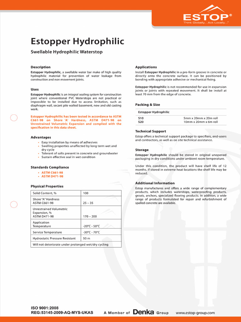 Estopper Hydrophilic - Data Sheet - 080703 | PDF