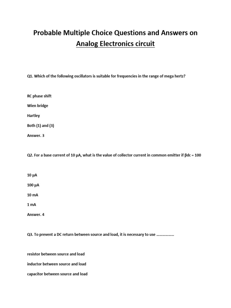 Probable Multiple Choice Questions and Answers On Analog Electronics Circuit | PDF | Amplifier ...
