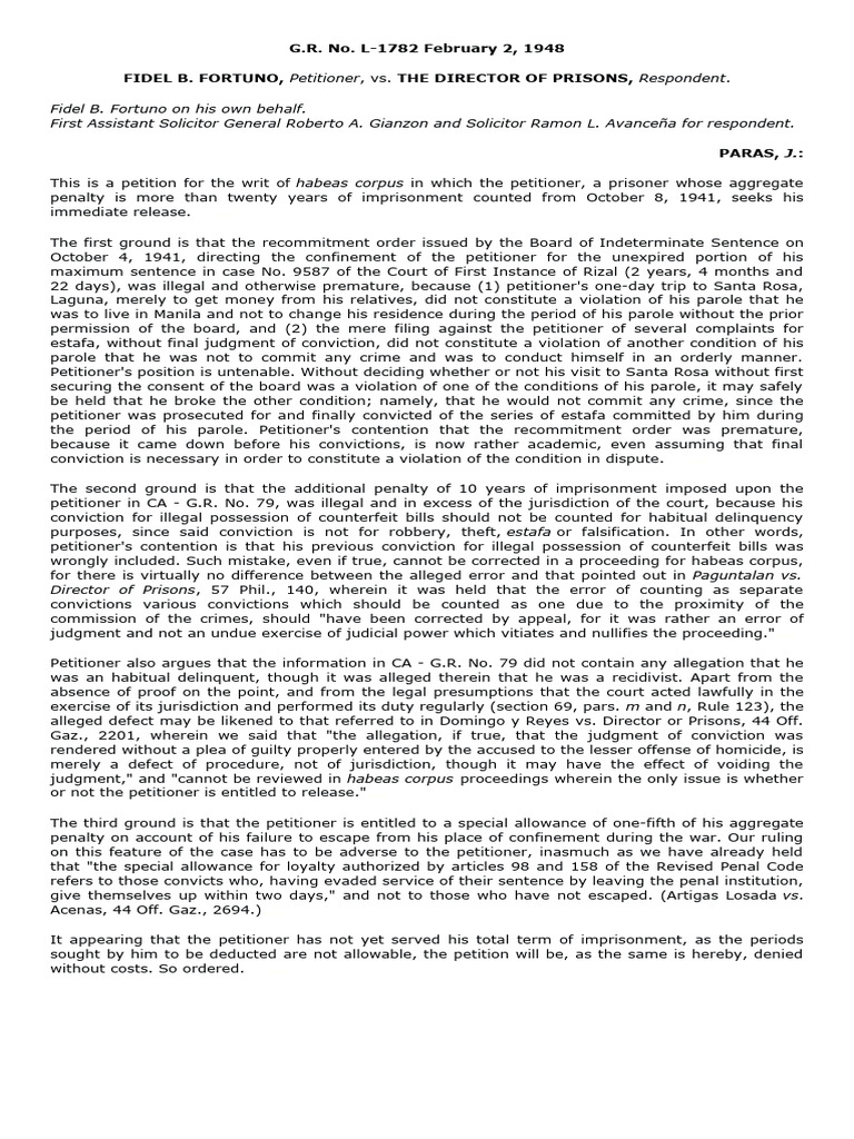 Fortuno vs. Directo of Prisons | PDF | Parole | Habeas Corpus