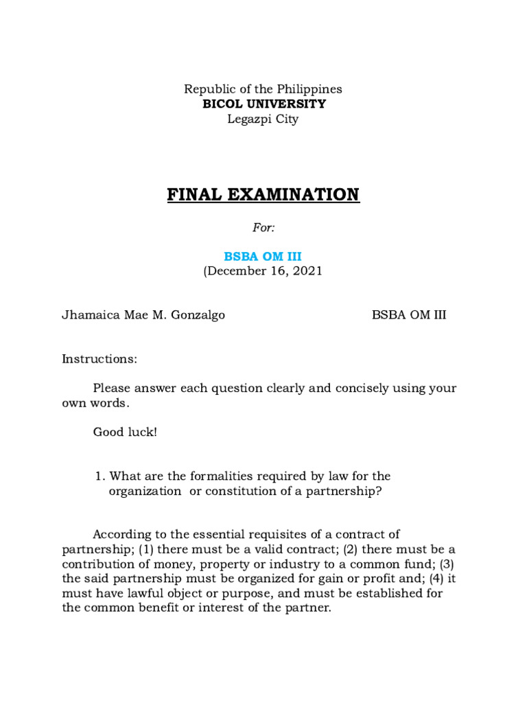 BSBA OM III Final Exam Overview | PDF | Law Of Agency | Partnership