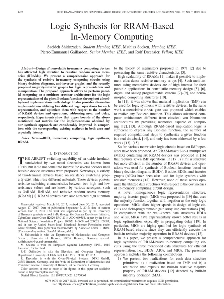 IEEE - Logic Synthesis For RRAM-based In-Memory Computing | PDF | Logic Gate | Logic Synthesis
