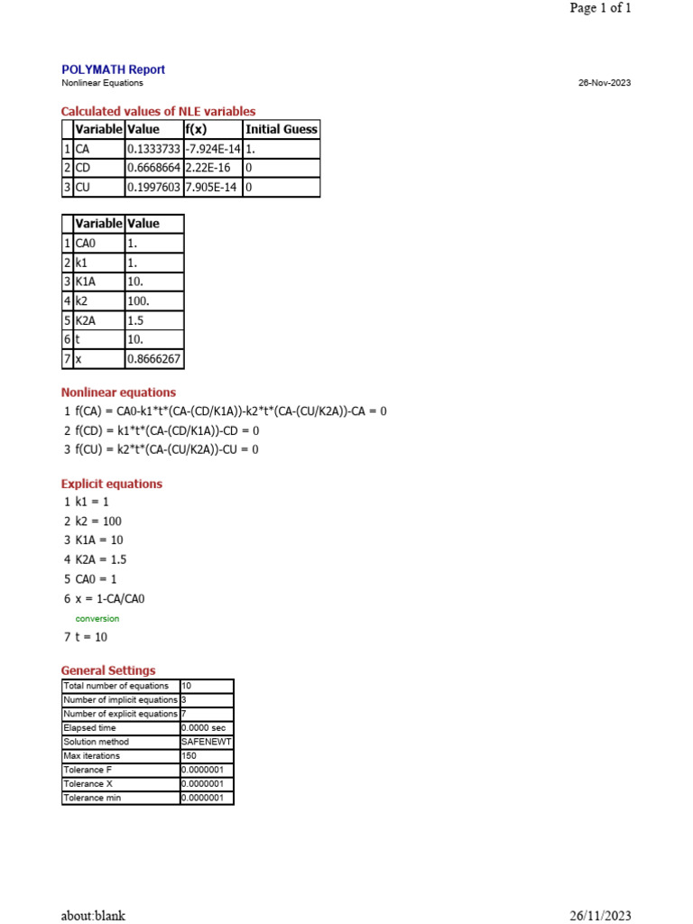 Calculated Values of NLE Variables: POLYMATH Report | PDF | Teaching Methods & Materials