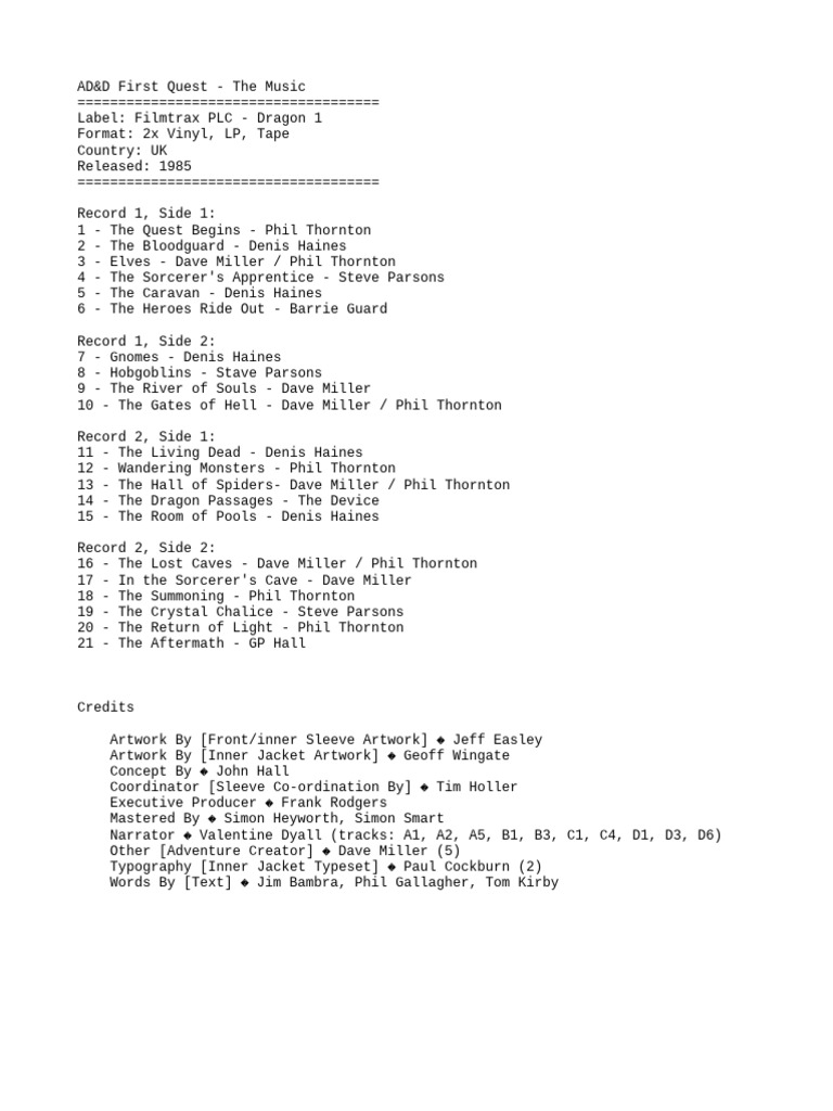 AD&D First Quest The Music Album - Track List | PDF | Sports ...