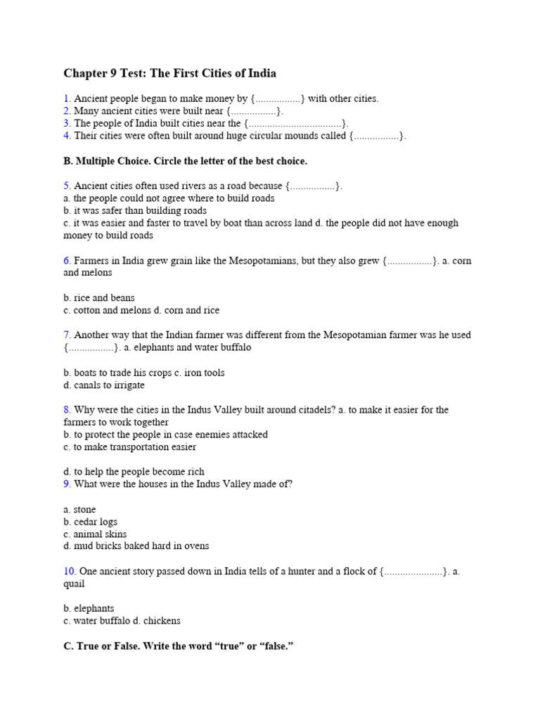 Chapter 9 Test - The First Cities of India | PDF