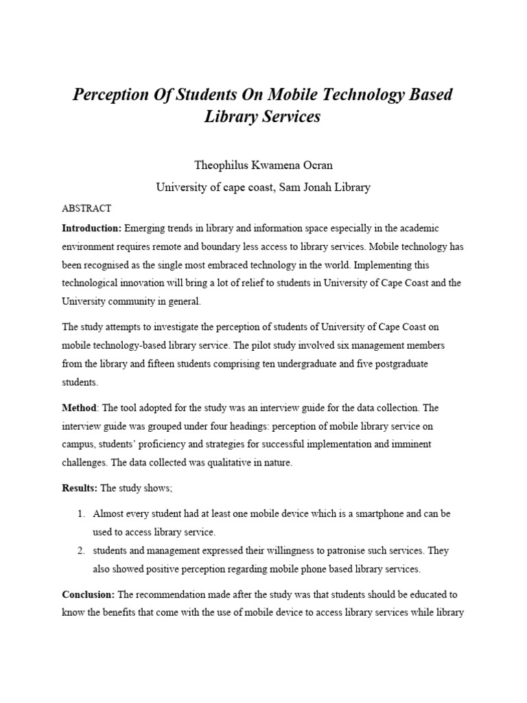 PERCEPTION ON MOBILE TECHNOLOGY BASED LIBRARY SERVICES ...article | PDF ...