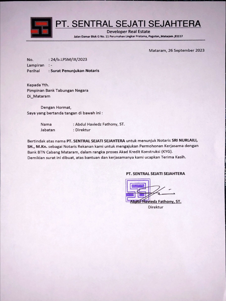 26-09-23 Surat Penunjukan Notaris | PDF