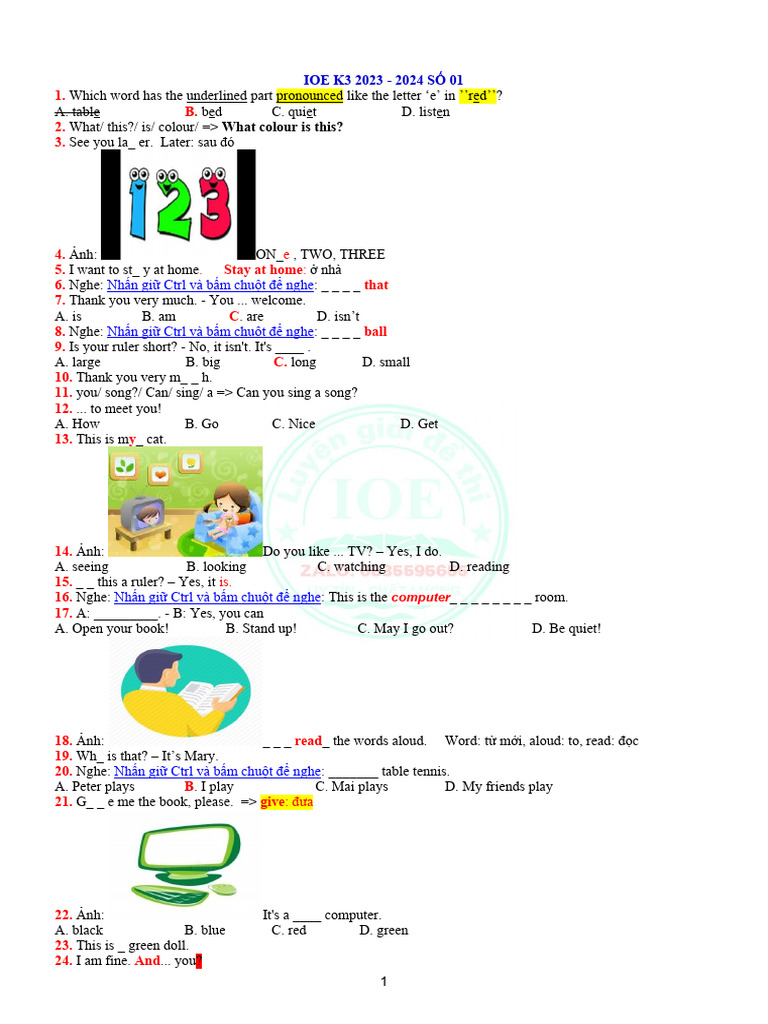 IOE K3 2023-2024 English Exercises | PDF | Language Arts & Discipline