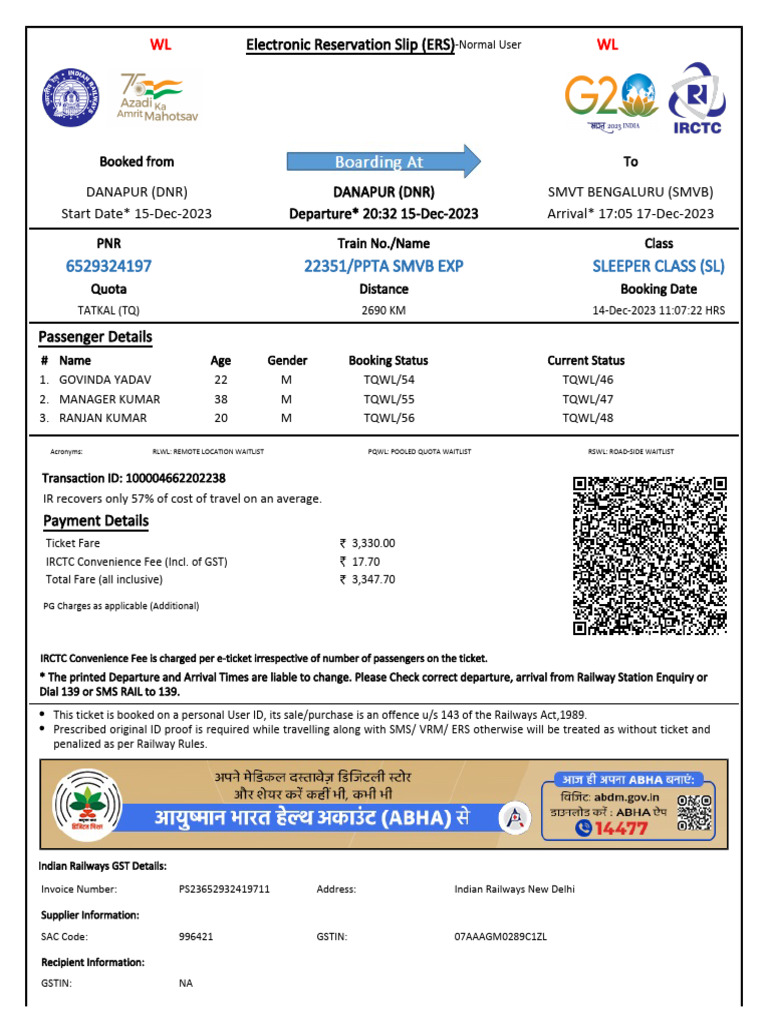 22351/ppta SMVB Exp Sleeper Class (SL) : WL WL | PDF | Identity Document