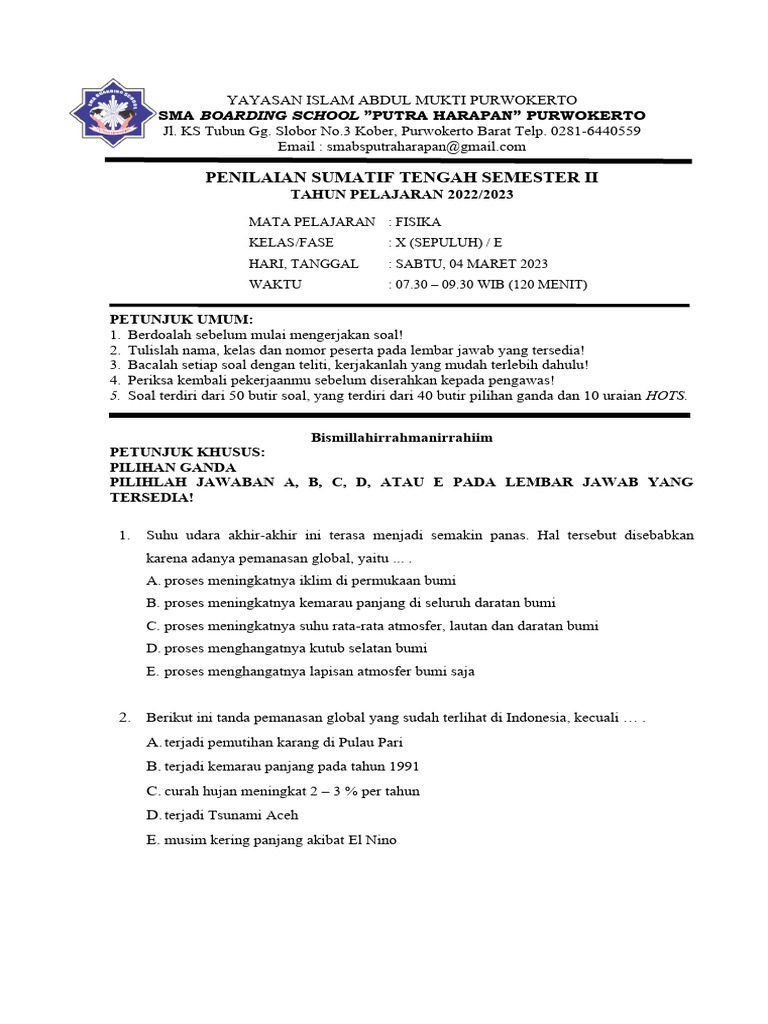 Kop Soal Pts II Fis X | PDF