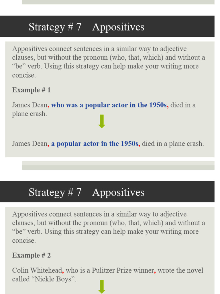 Content For Grammar Quiz 8 - Appositives | PDF | Verb | Clause