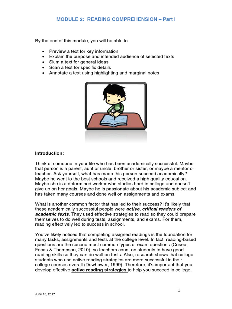 Module 2 - Reading Comprehension - Part I | PDF | Speed Reading | Reading Comprehension