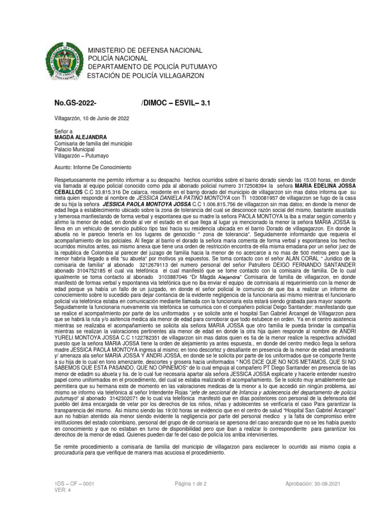 Informe Menor Jessica Daniela Montoya Patiño 10-06-2022 | Descargar gratis PDF | Policía