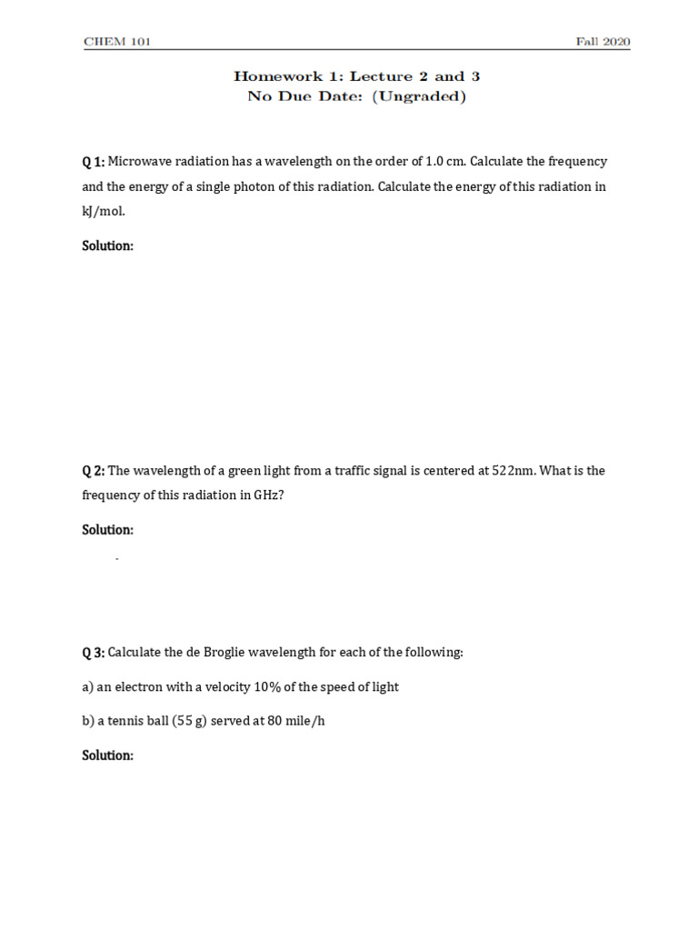 HW1_CHEM_101_2020 | PDF | Electromagnetic Radiation | Electron