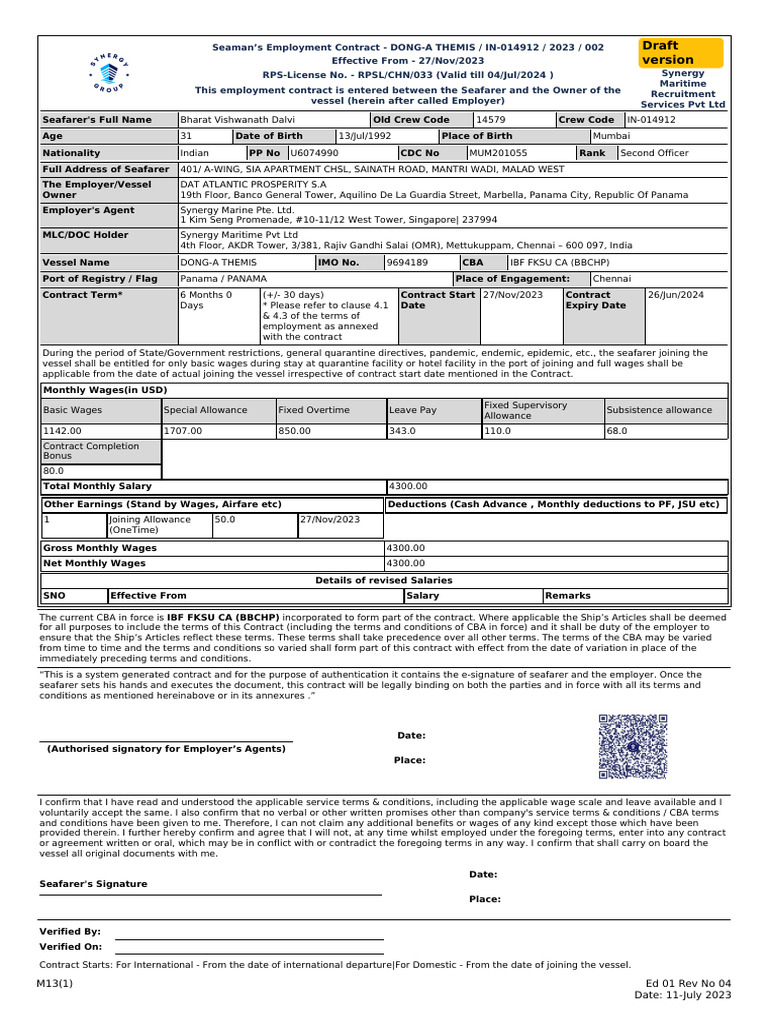 Seaman's Employment Contract - Encrypted in 014912 | PDF | Salary ...