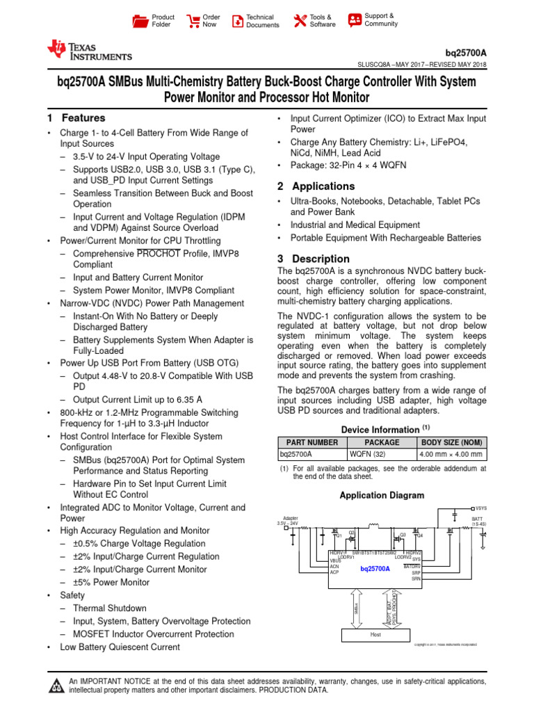Bq25700A Smbus Multi-Chemistry Battery Buck-Boost Charge Controller With System Power Monitor ...