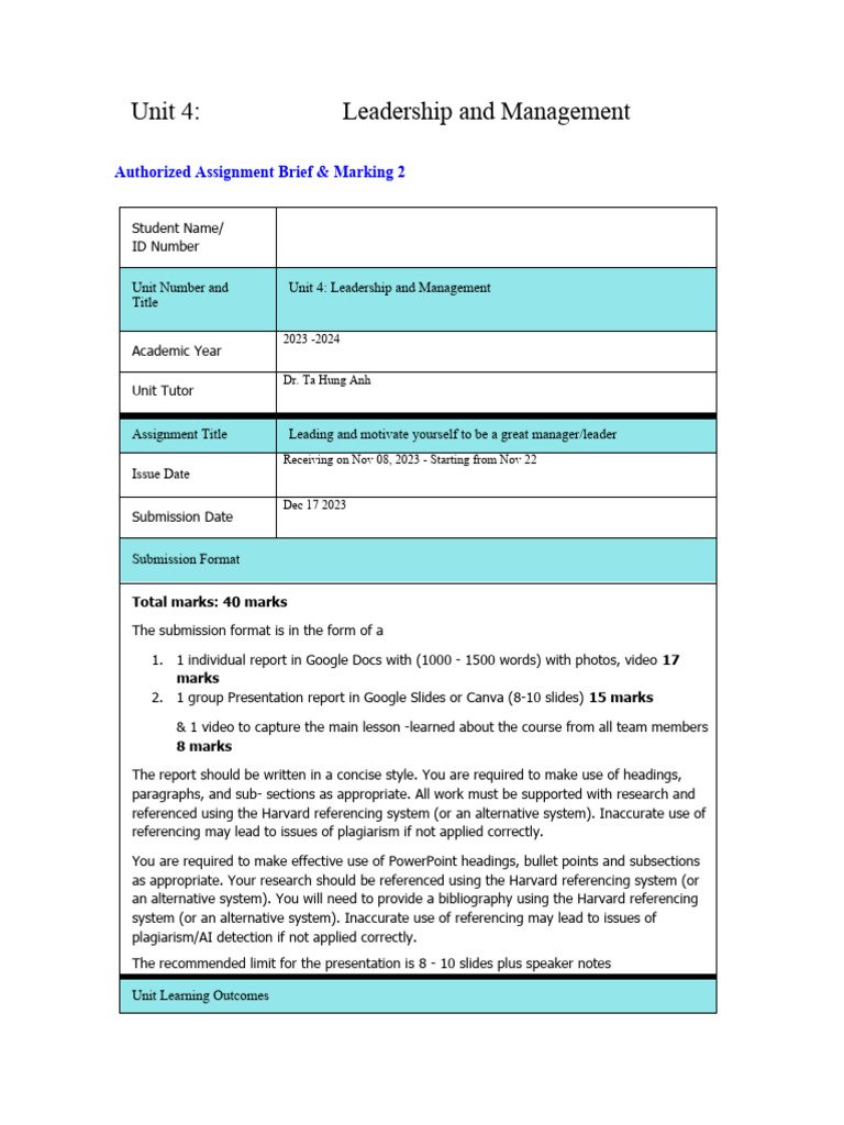 Leadership And Management - Assignment 2 Brief & Marking | Pdf 