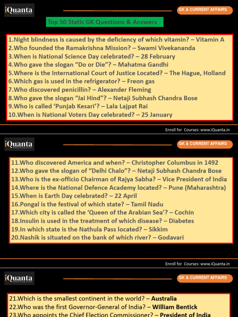 Top 50 Static GK Questions & Answers | PDF | Social Science | Travel