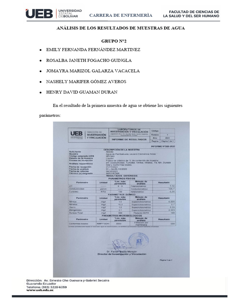 ANÁLISIS DE LOS RESULTADOS DE MUESTRAS DE AGUA (Evidencias) | PDF | Agua | Nitrito