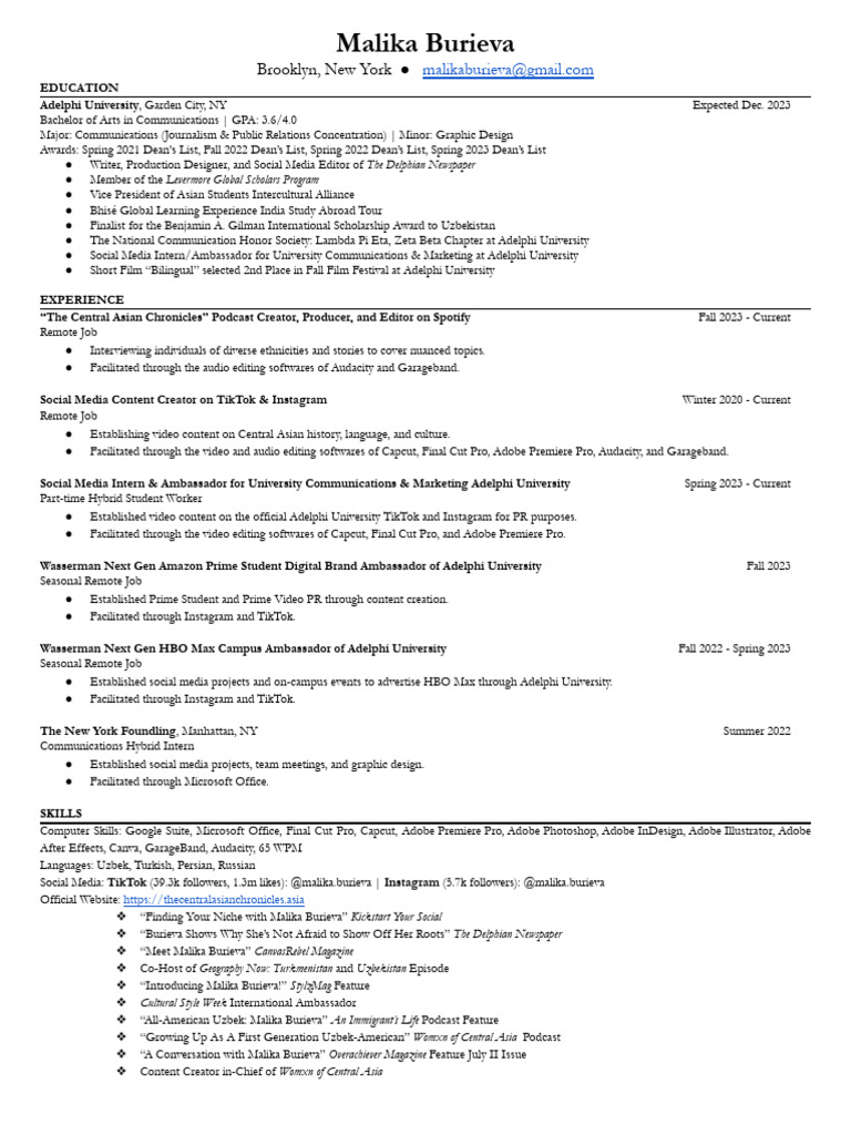 Malika Burieva - Resume | PDF | Human Communication | Mass Media