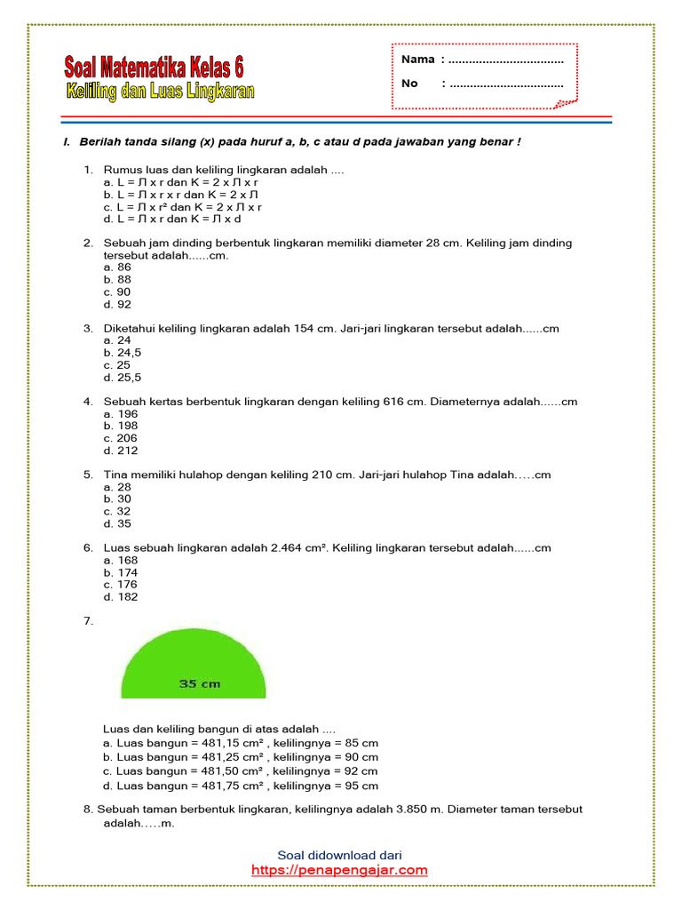 06 Soal Matematika Kelas 6 Keliling Dan Luas Lingkaran Tambahan | PDF