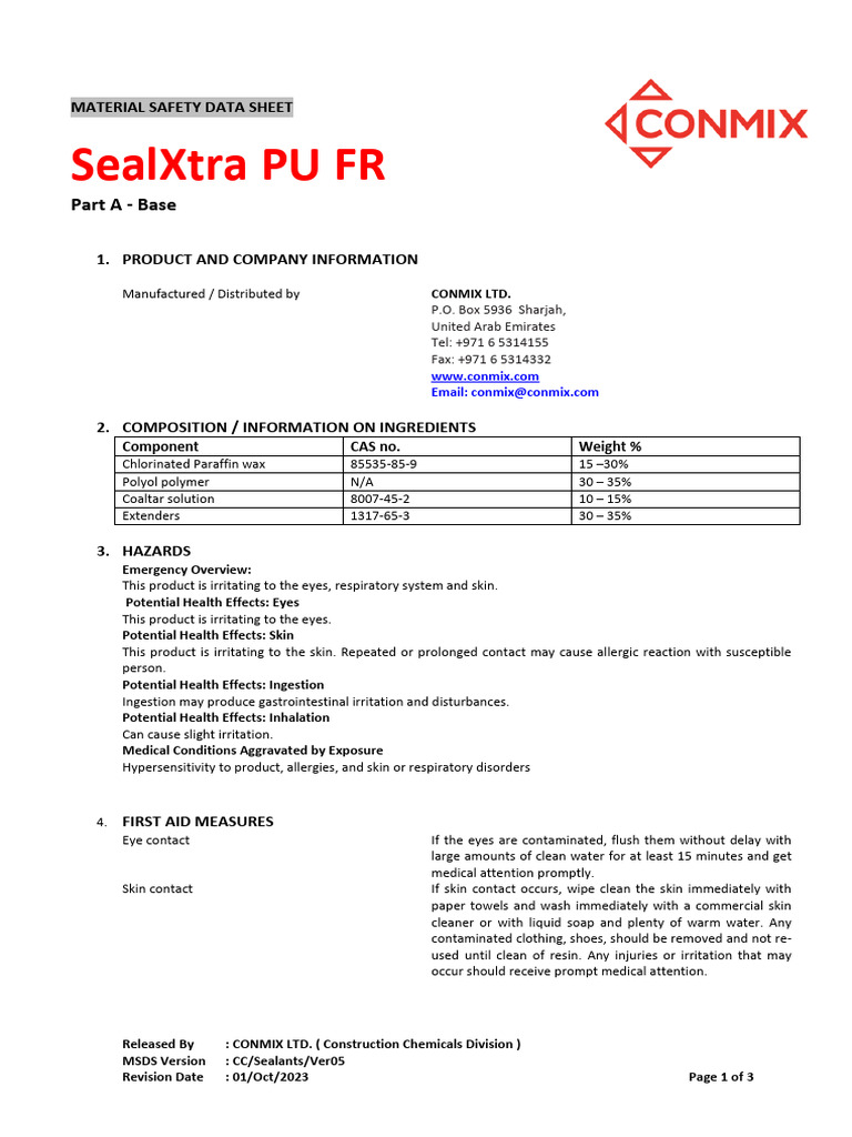 Conmix Sealants MSDS CC/Sealants/Ver05 | PDF | Water | Firefighting