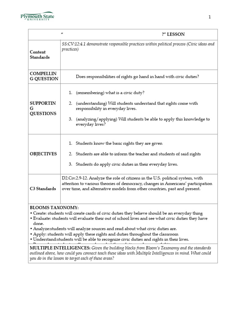 Civic Duties and Responsibilities Lesson | PDF | Teachers | Citizenship