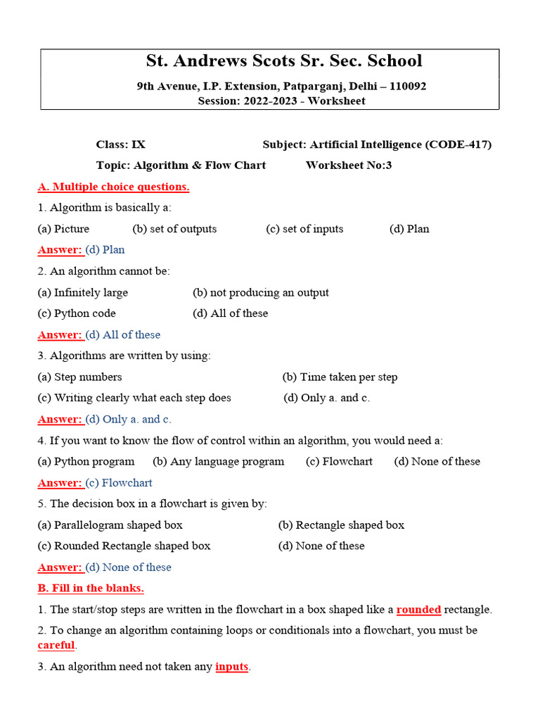 Artificial Intelligence- Algorithm & Flow Chart WS-3 | PDF | Algorithms | Theoretical Computer ...