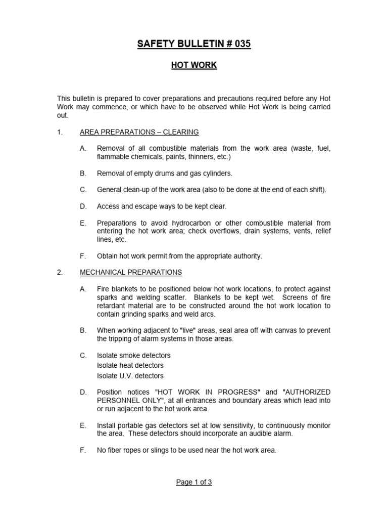 Safety Bulletin 35 HOT WORK | PDF | Welding | Construction