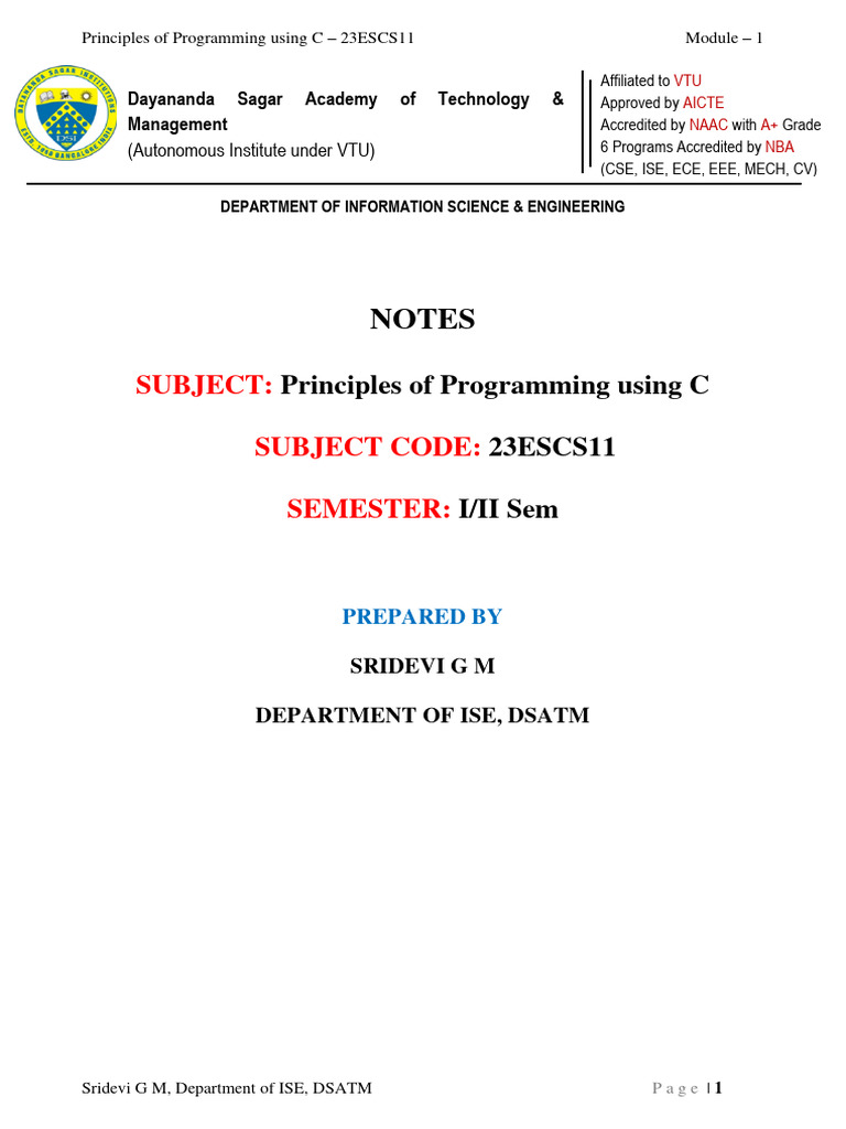 Pop Using C Module 1 Notes Pdf Computer Data Storage Integer 9900