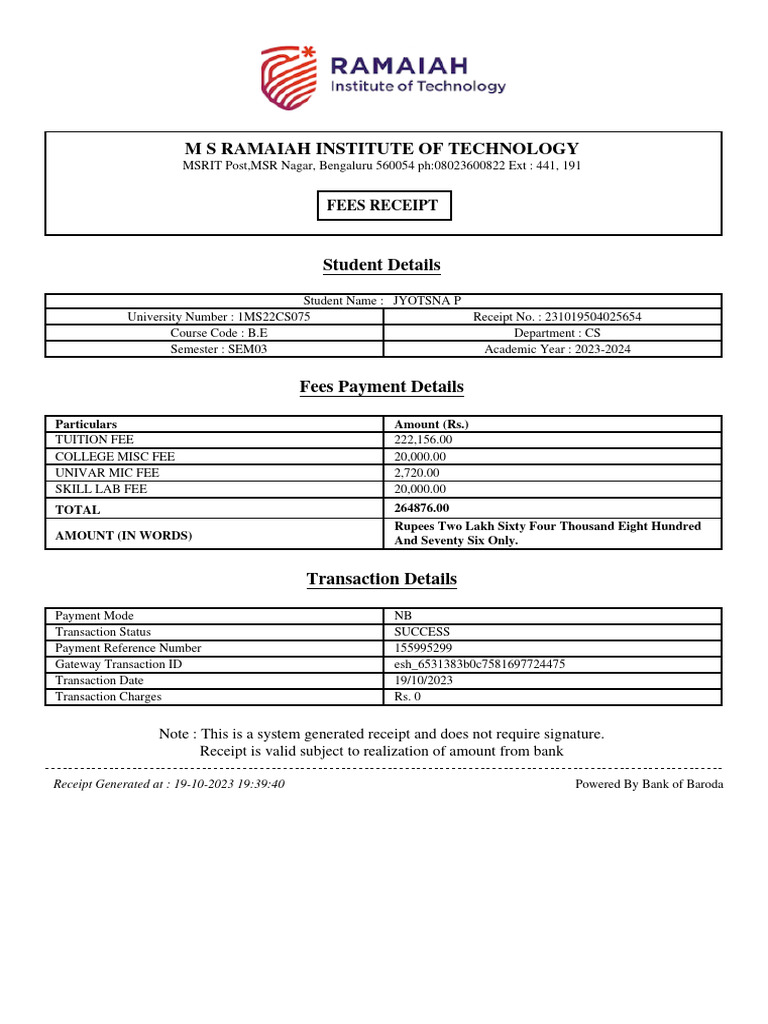 MSRIT Tuition Fee Receipt 2023-24 | PDF