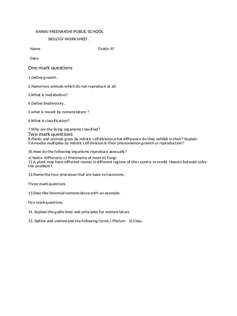 Biology Work Sheet | PDF