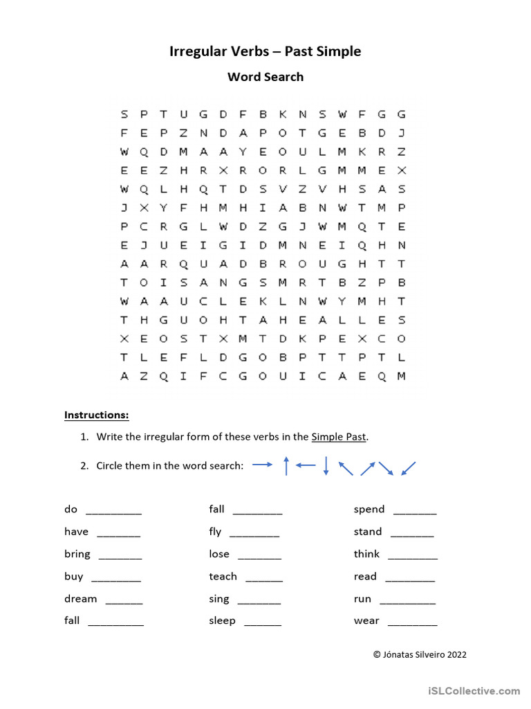Wordsearch Irregular Verbs Past Simple Pdf