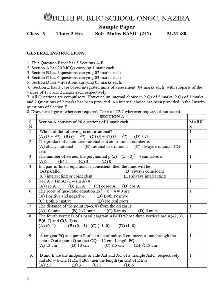 X Maths Basic QP | PDF | Area | Euclid