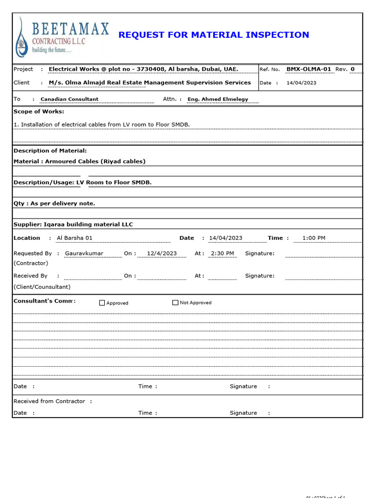 Material Inspection Request for Electrical Works | PDF