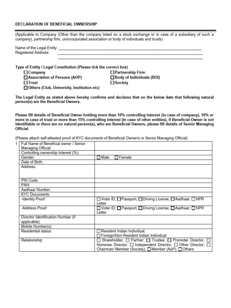 Beneficial Ownership Declaration Format | PDF | Trust Law | Identity ...