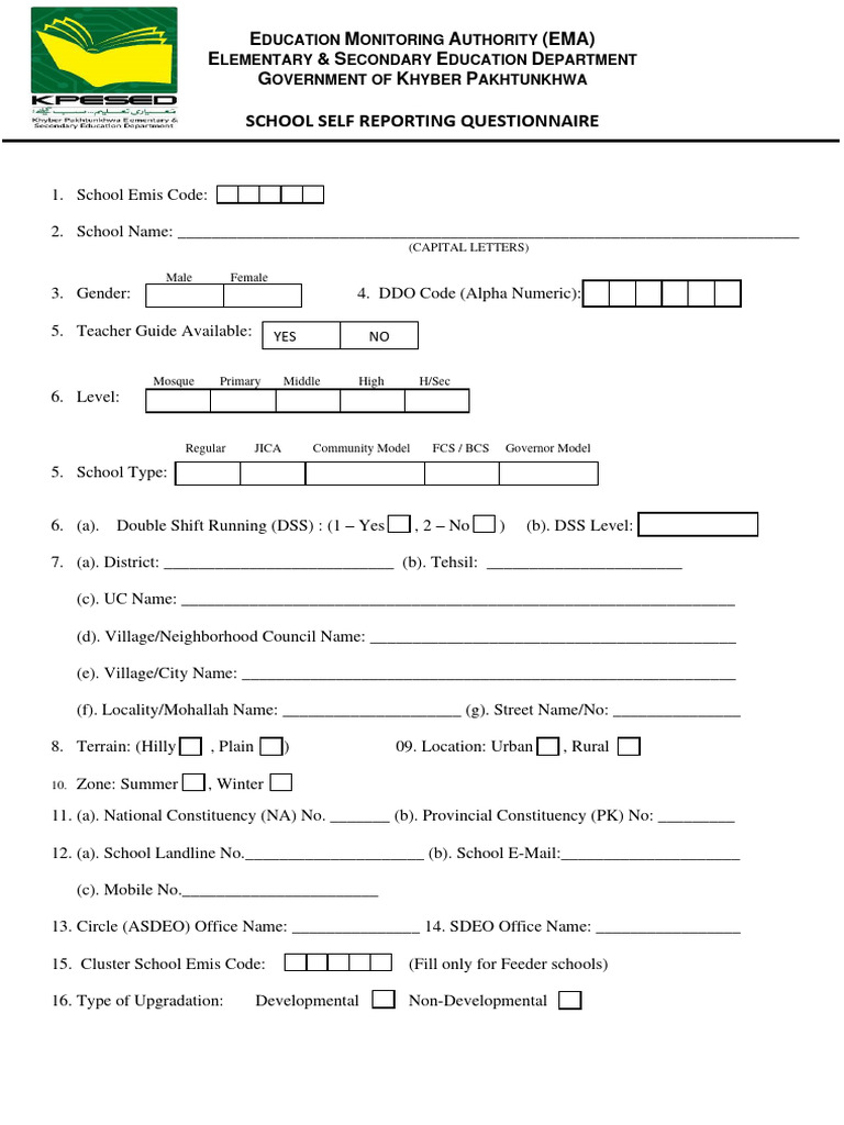 School Self Reporting Questionnaire: E M A (EMA) E & S E D G K P | PDF