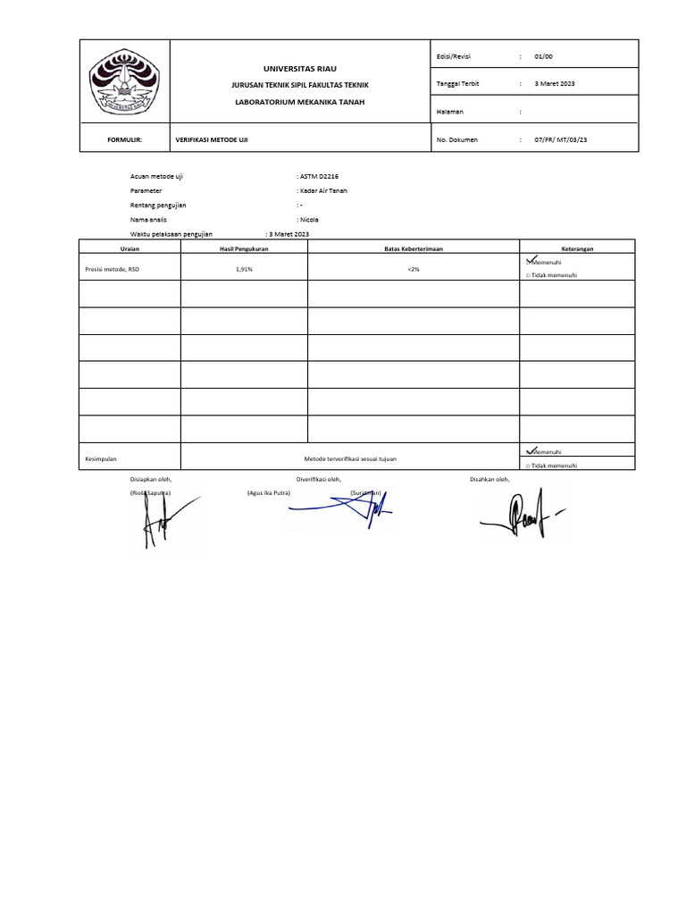 Laporan Hasil Verifikasi Metode Uji | PDF