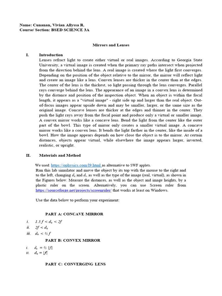 CUNANAN-LENS-AND-MIRRORS-final | PDF | Mirror | Glass Applications
